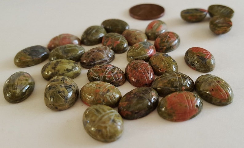 2 Vintage Genuine Epidote Unakite Gemstone 14x10mm. Oval Scarabs R565 ...