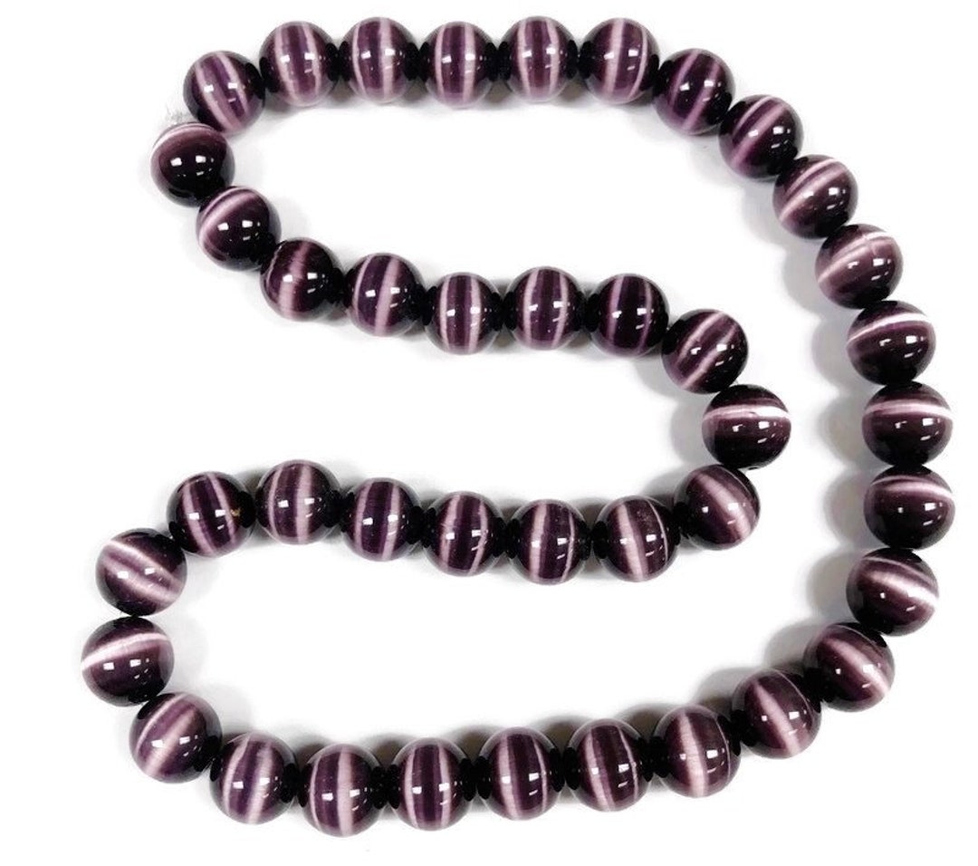38 Cat's Eye Fiber Optic Amethyst Glass 10mm. Smooth Round Beads 2596 ...