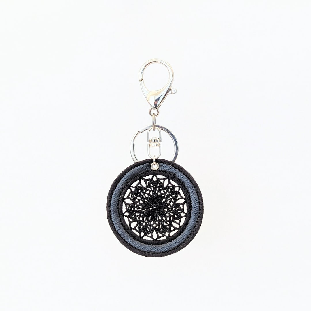 Marigold Mandala Lace Keychain, Black Embroidery Fused Plastic Designer ...