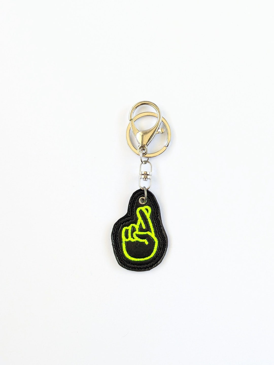 Fingers Crossed Neon Yellow Embroidery Keychain, Black Fused Plastic ...