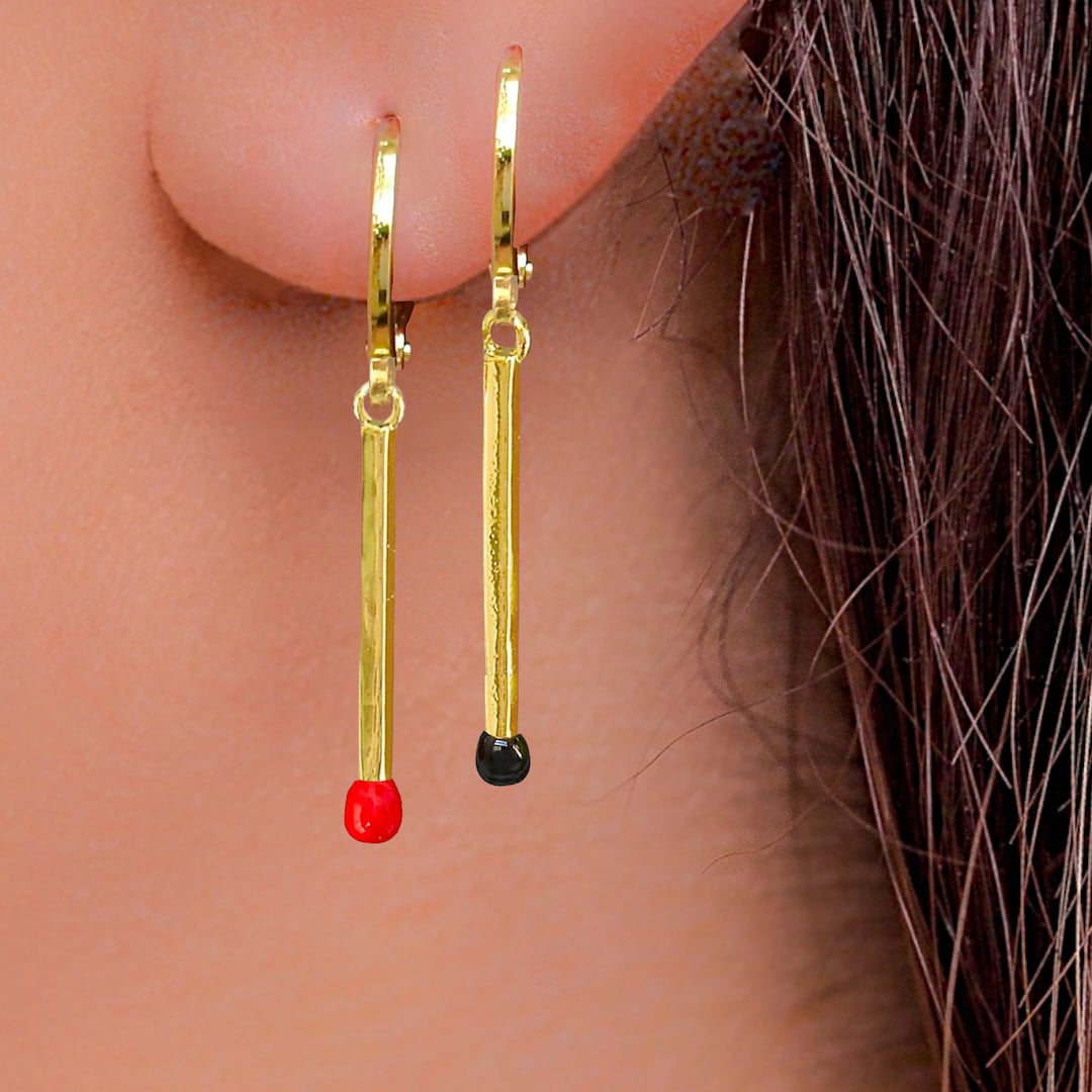 Gold MATCHSTICK Earrings . 18K Gold Plated HUGGIES Leverback Dangle ...