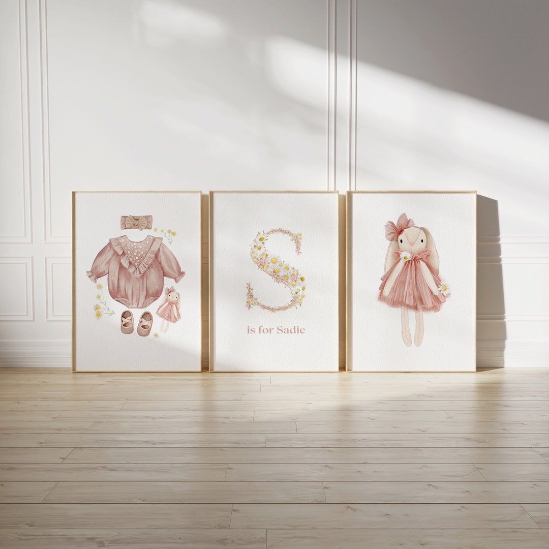Personalised Nursery Pink Daisy Print Set, Kids Wall Art, Set of 3 ...