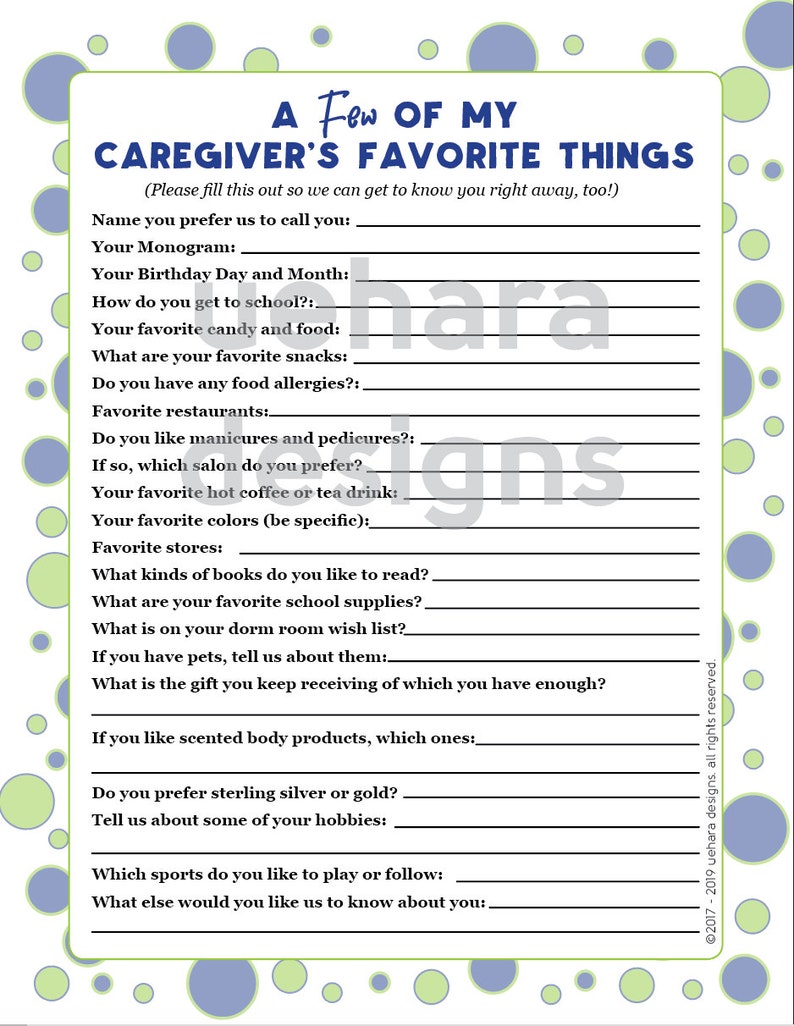 Caregiver's Favorites List / Caregiver Questionnaire / Caregiver Wish ...