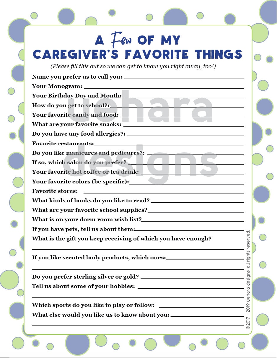 Caregiver's Favorites List / Caregiver Questionnaire / Caregiver Wish ...