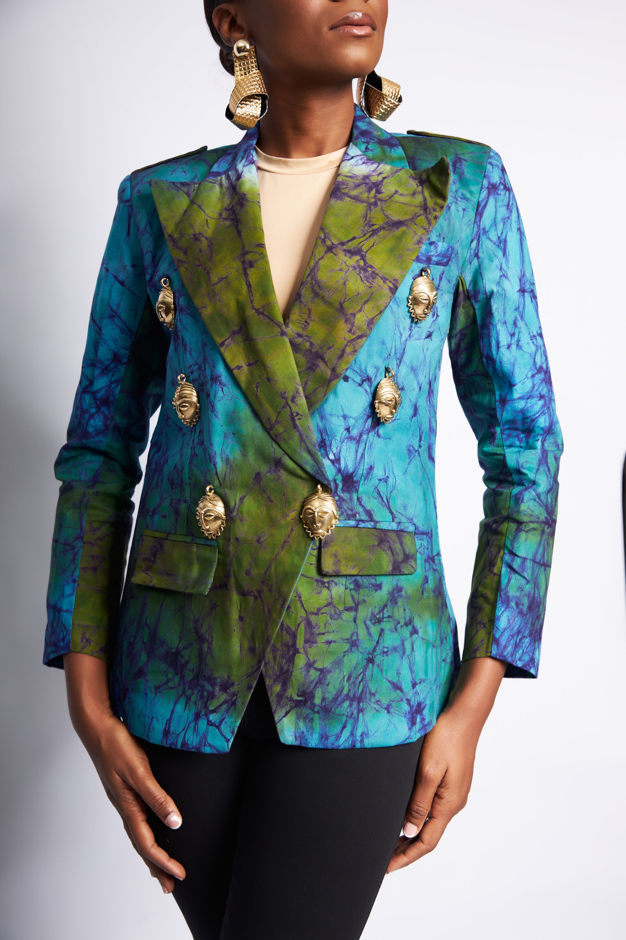 Batik Double Breasted Jacket With Gold Plated Brass Masks - Pre Order ...