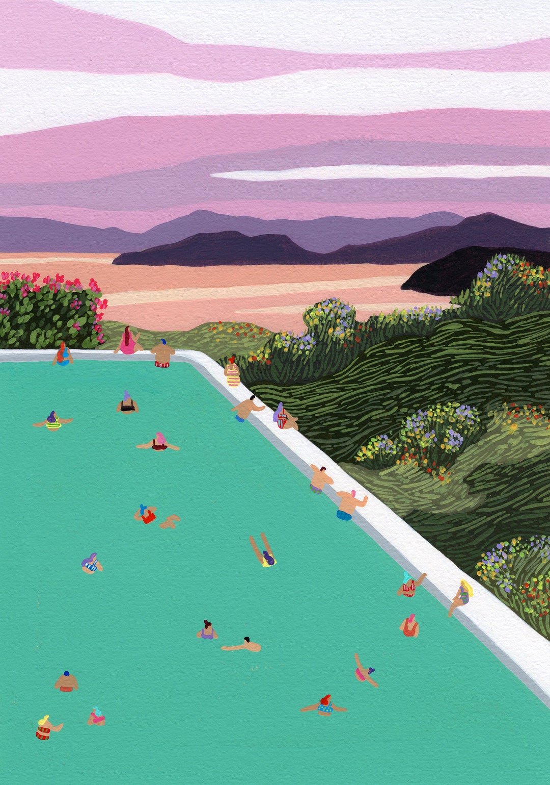Art Print of Original Painting "sunset Pool" by Helo Birdie - Swimming ...