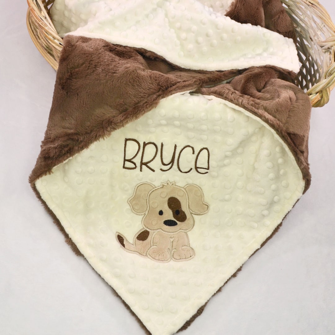 Puppy Minky Baby Blanket, Tan Dog Applique Blanket, Minky Crib Blanket ...