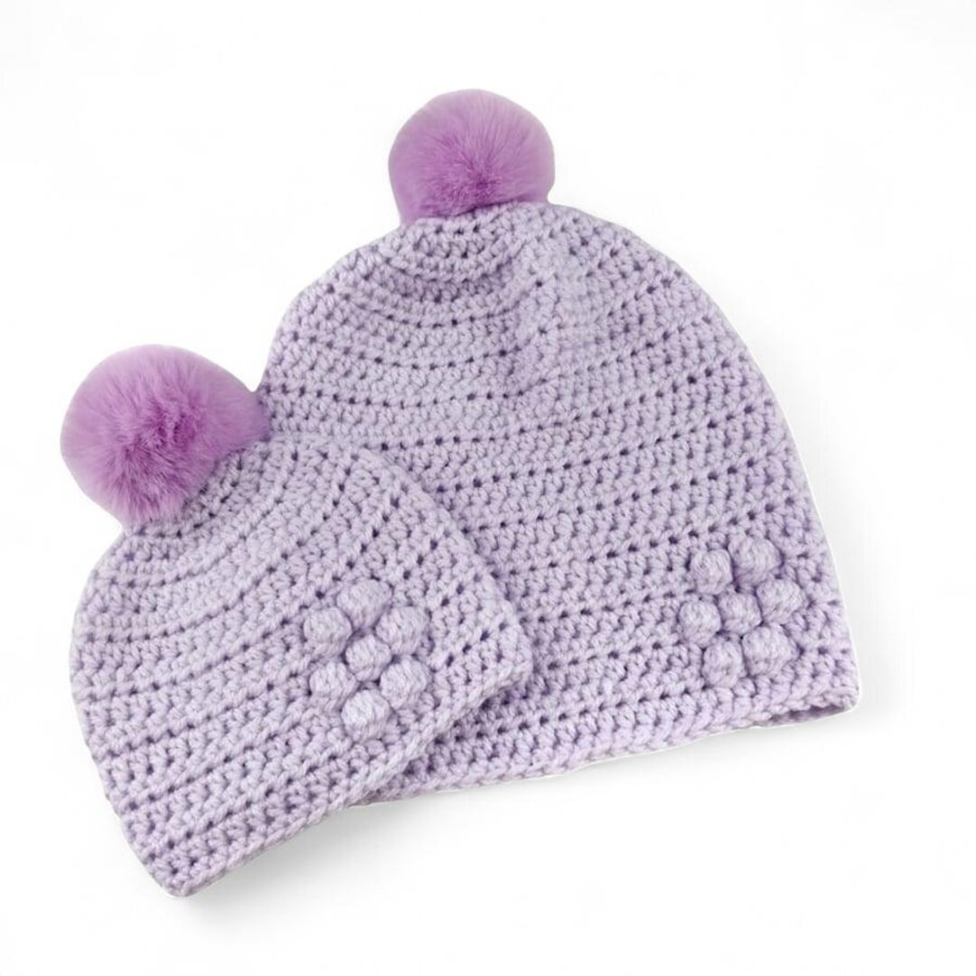 Lilac Crochet Mum and Baby Hats, Matching Pom Pom Beanies, Handmade ...