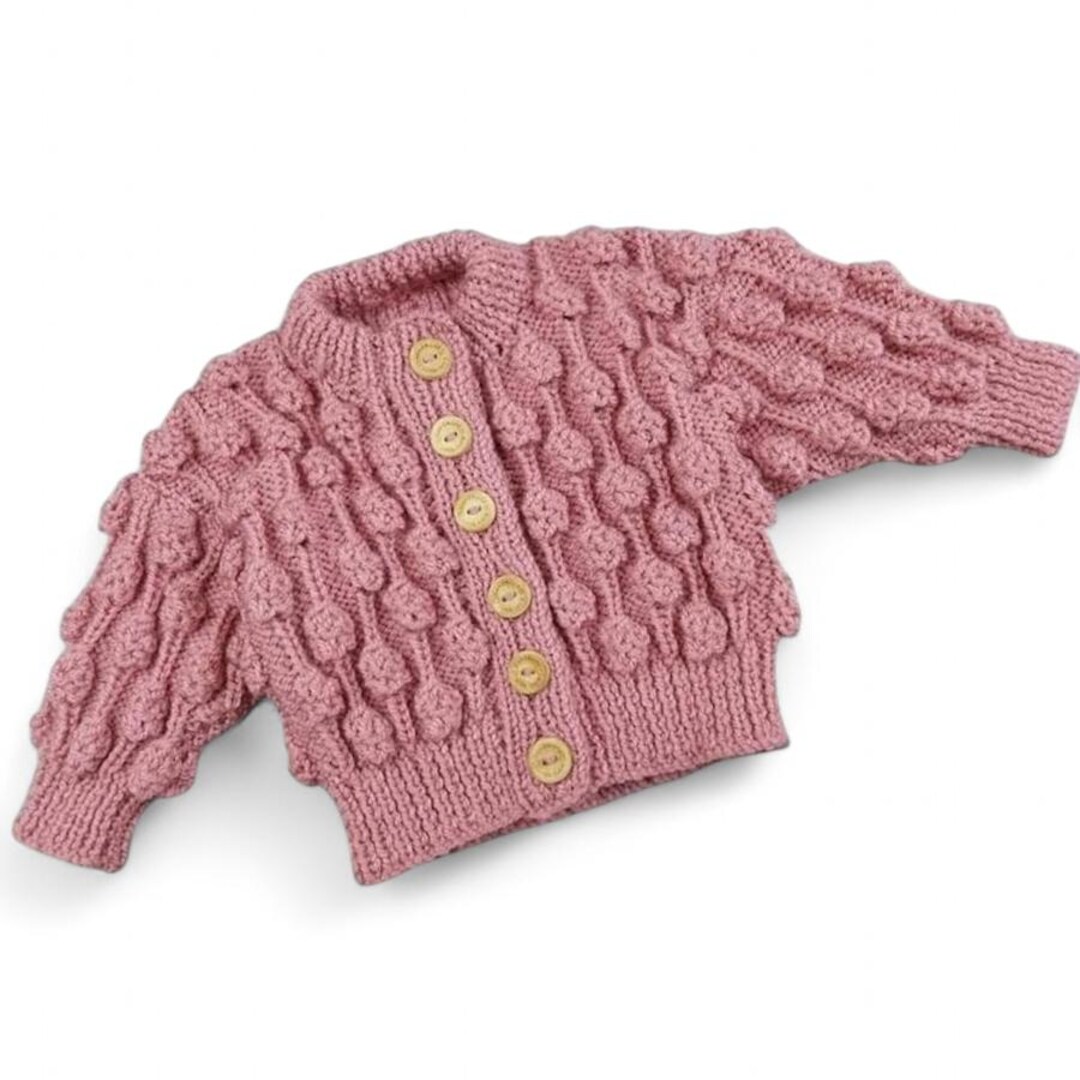 Handmade Pink Bobble Baby Cardigan, Chunky Knit Sweater 0–6 Months ...