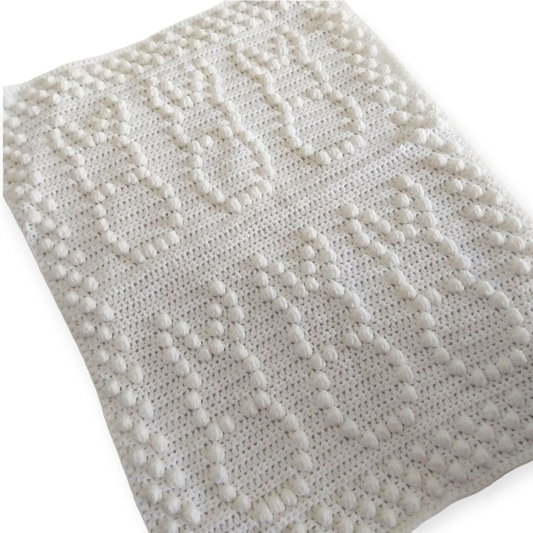 Crocheted Bunny Baby Blanket, White Bobble Stitch Pram Cover, Gender ...