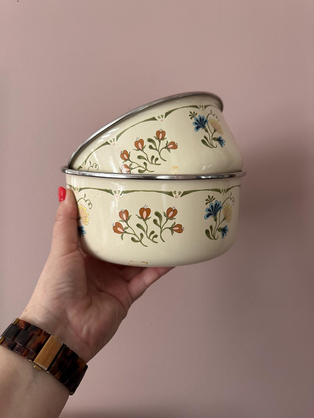 Vintage Set of 1980s Enamel Bowls With Floral Pattern - Etsy