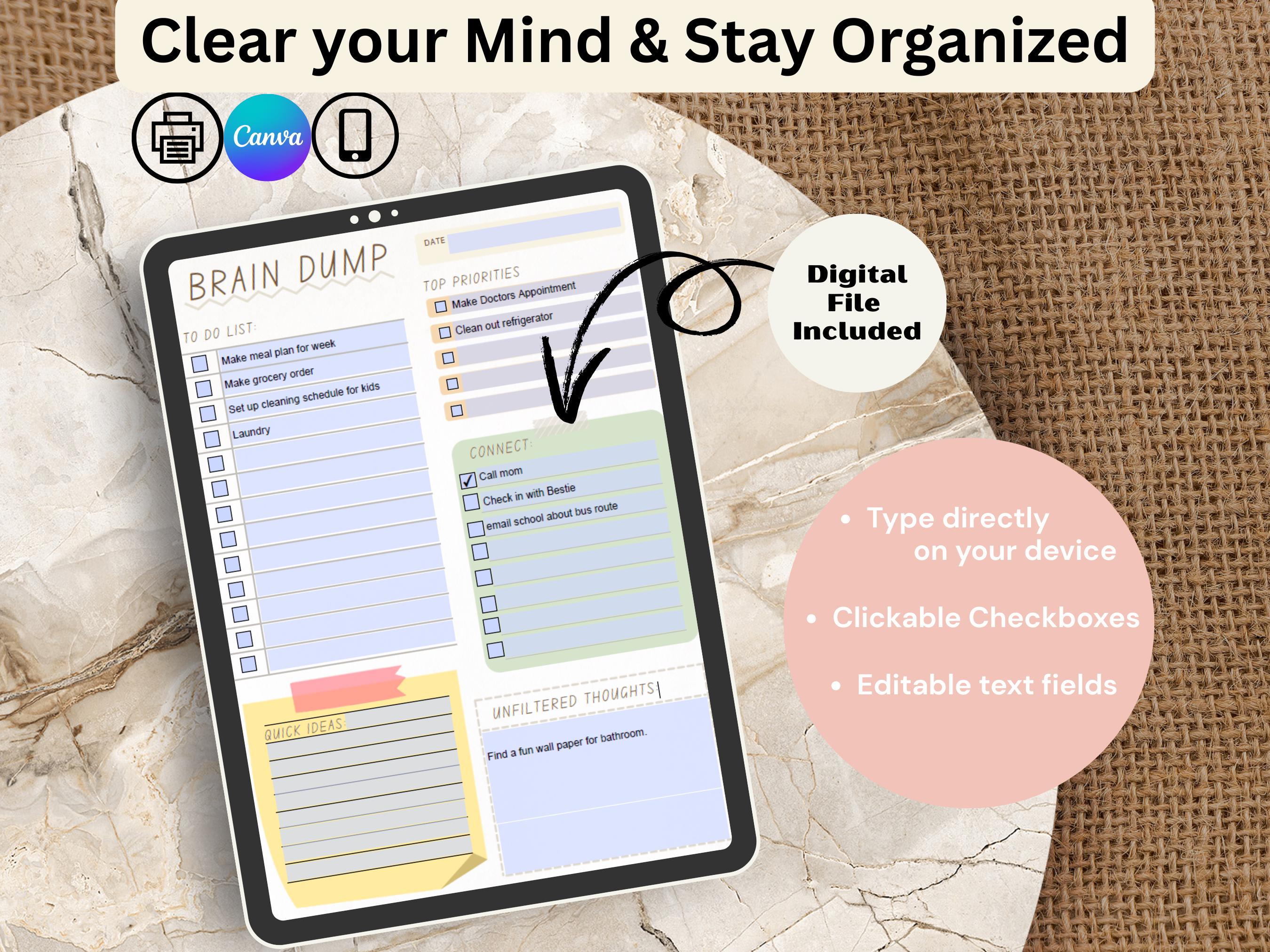 Brain Dump Planner: Printable, Fillable PDF & Canva Template (instant ...