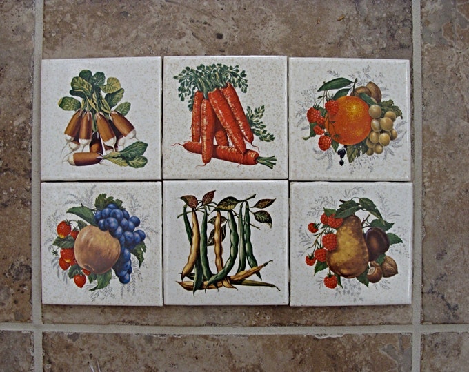 1970s / Vintage / Vegetable & Fruit Tiles / Set of Six 6 Dal-tile ...