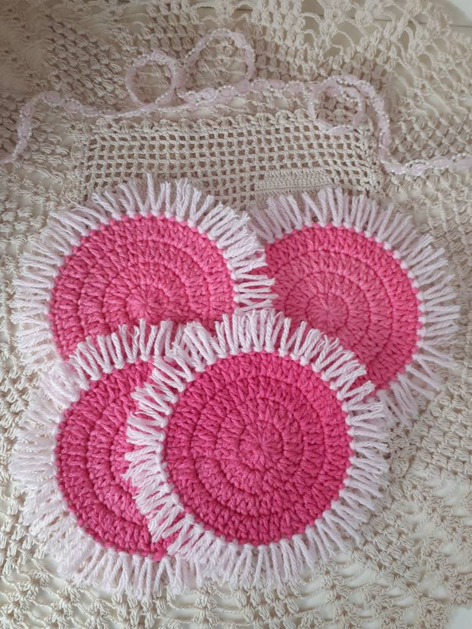 Mug Rugs / Set of Four 4 / Crocheted / Round and Fringed / - Etsy