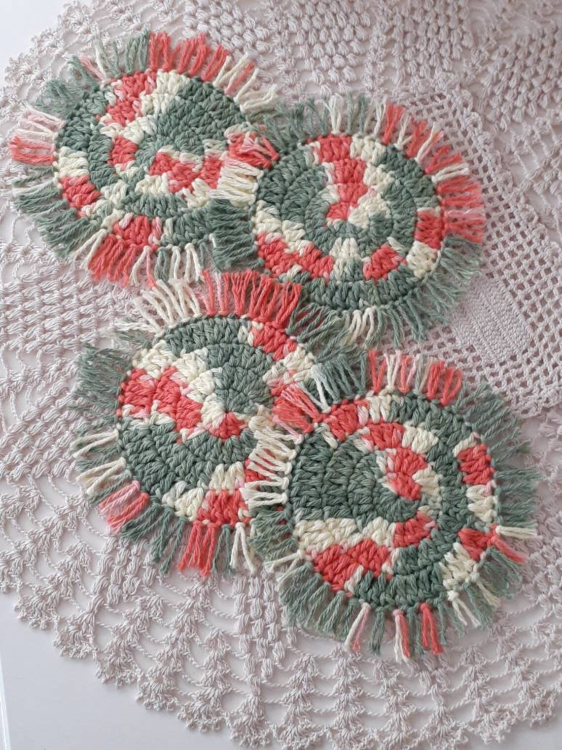 Mug Rugs / Set of Eight 8 / Crocheted / Round and Fringed / - Etsy