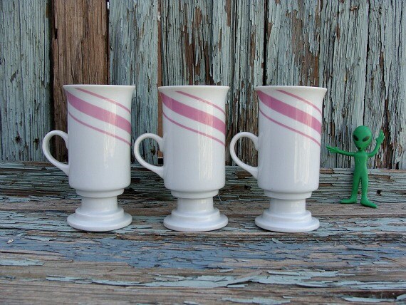 Pink Candy Striped Pedestal Mugs Set of 3 Made in Japan | Etsy