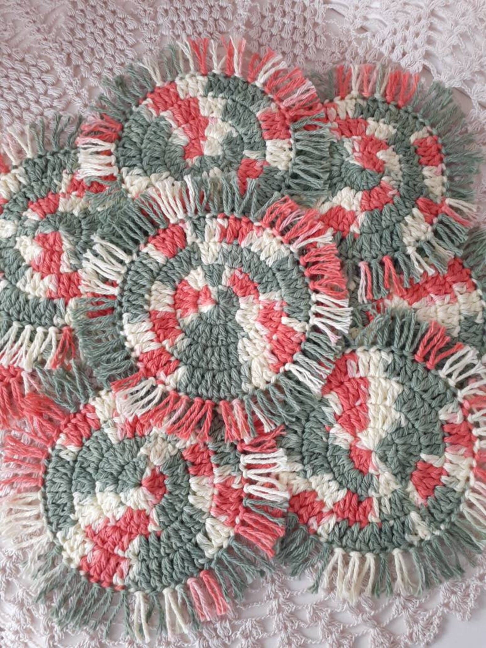 Mug Rugs / Set of Eight 8 / Crocheted / Round and Fringed / - Etsy