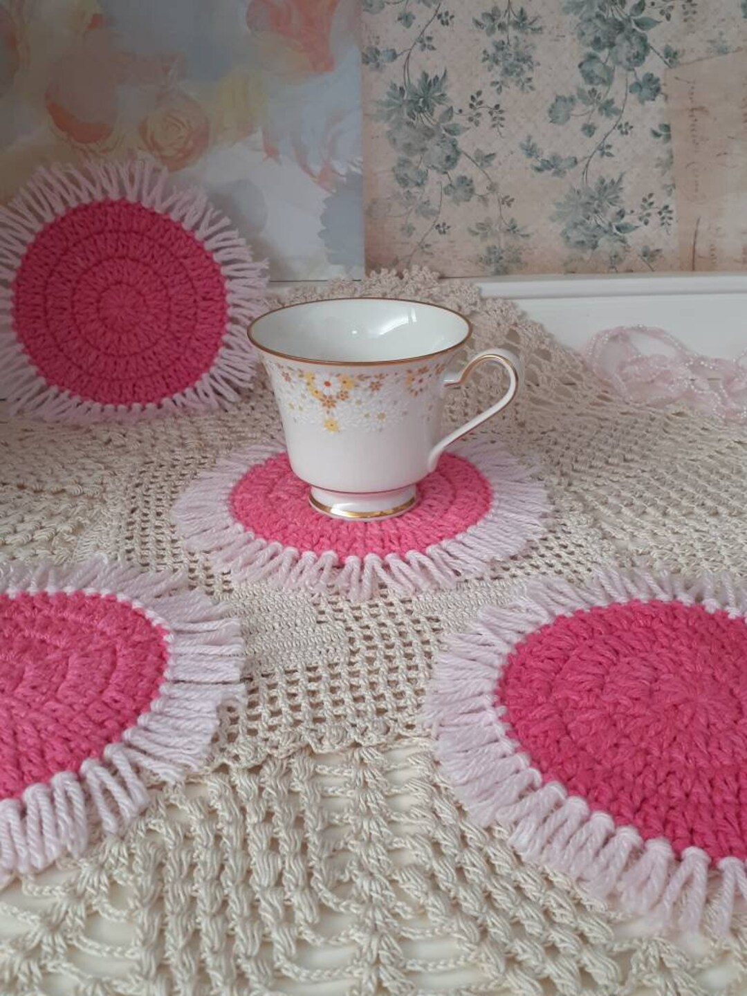 Mug Rugs / Set of Four 4 / Crocheted / Round and Fringed / - Etsy
