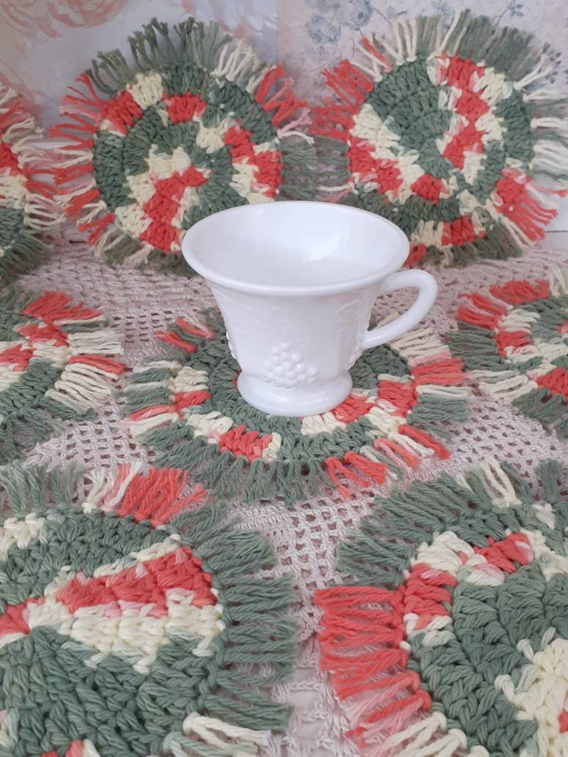 Mug Rugs / Set of Eight 8 / Crocheted / Round and Fringed / - Etsy