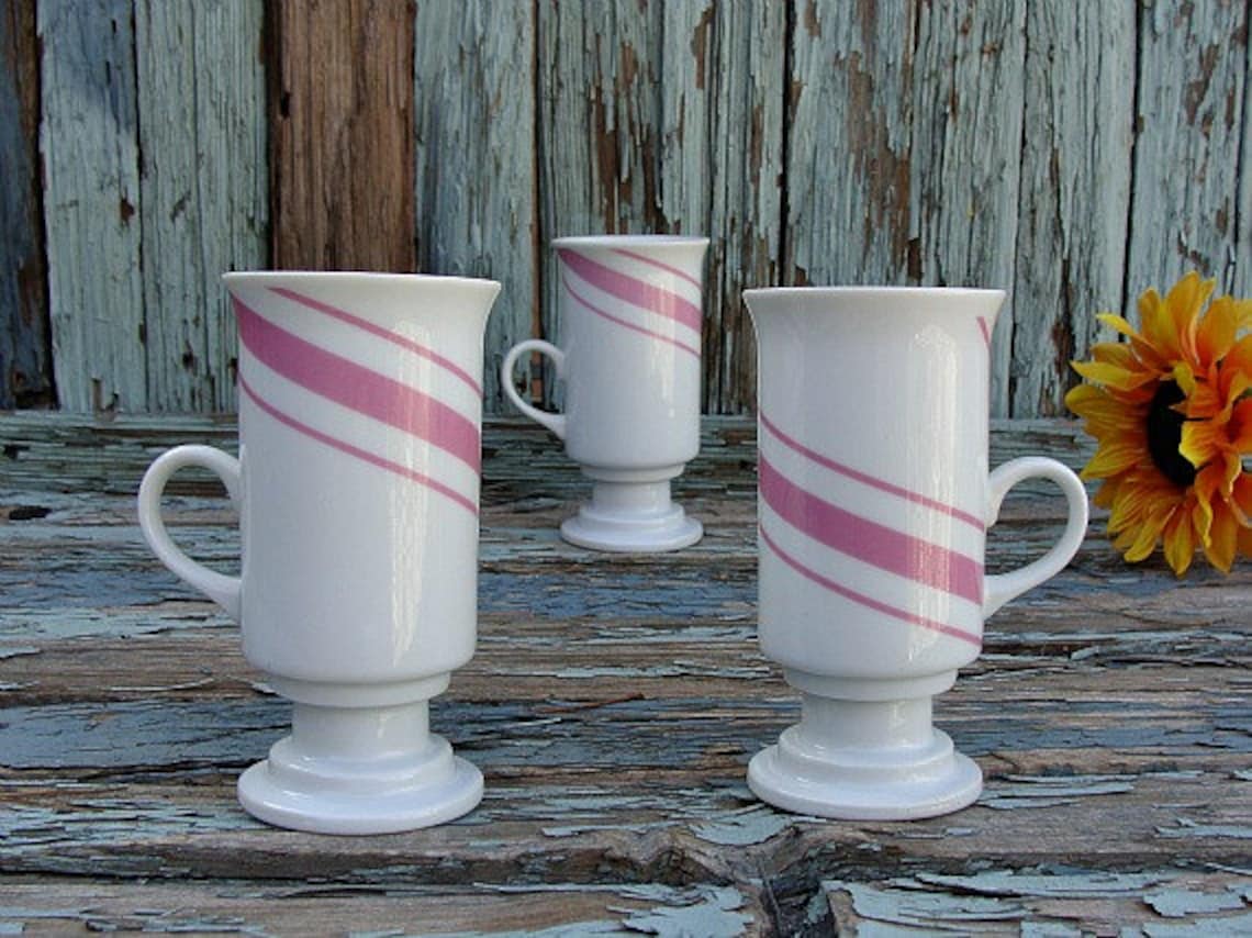 Pink Candy Striped Pedestal Mugs Set of 3 Made in Japan - Etsy