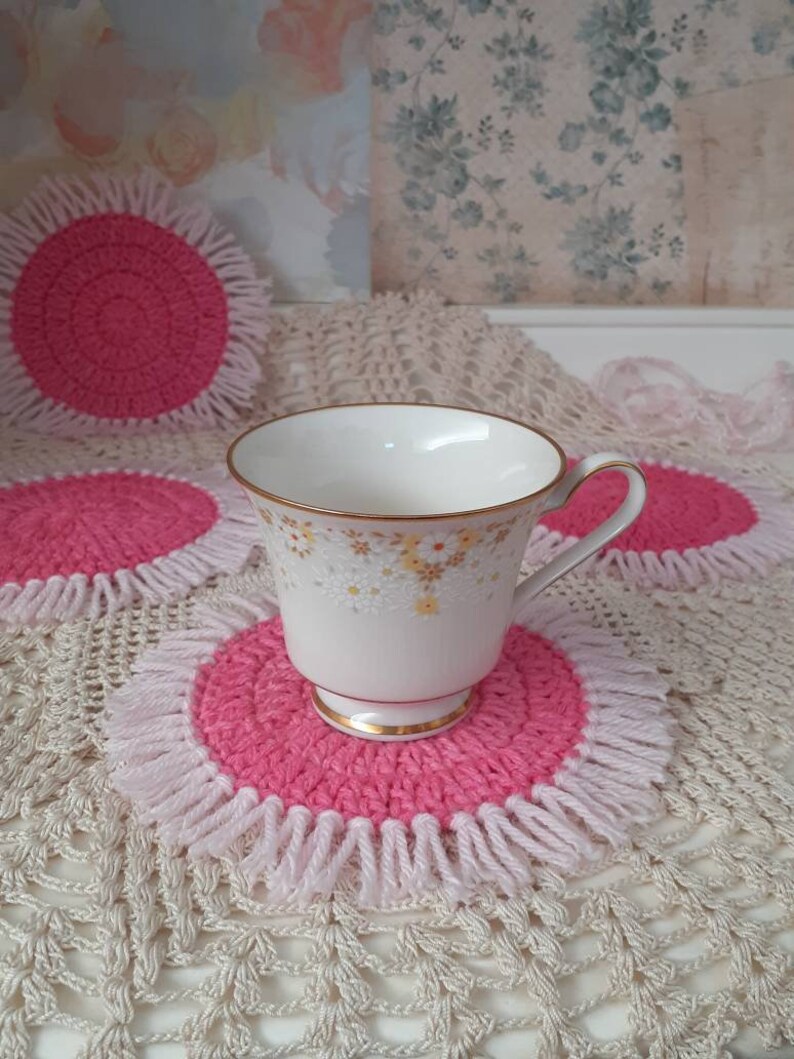 Mug Rugs / Set of Four 4 / Crocheted / Round and Fringed / - Etsy