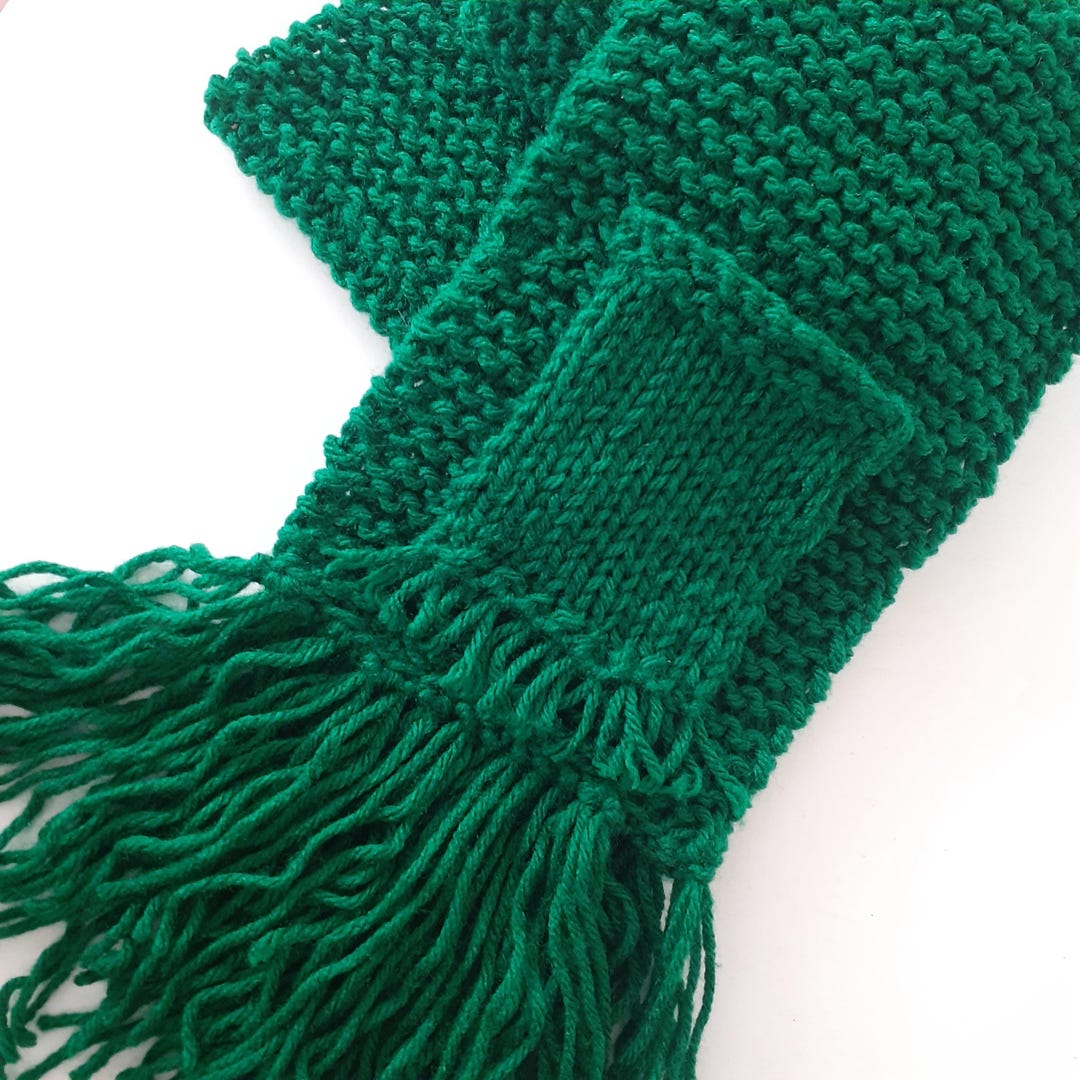 Hand Knitted / Long Neck Scarf / Paddy Green / Fringed / Pocket / St ...