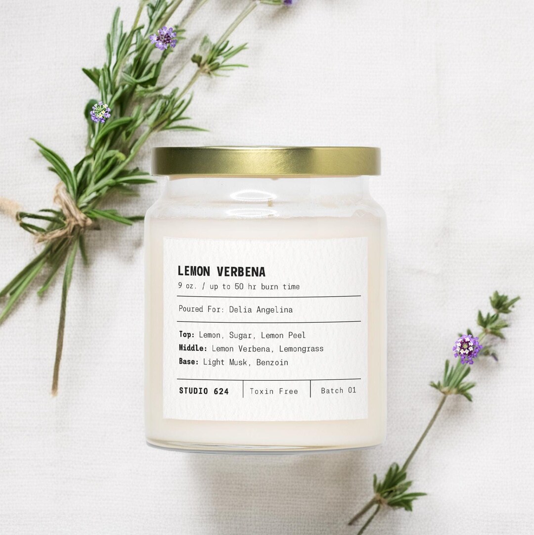 Lemon Verbena Candle, Personalized, Apothecary Jar 9oz, Gold Lid ...