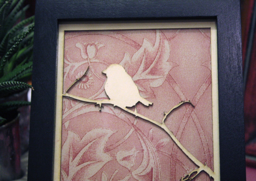 Framed Art. Laser Cut Bird on a Branch With Vintage Wallpaper in a ...