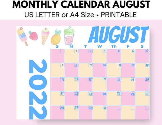 Monthly Calendar August Printable Summer Treats Theme - Etsy