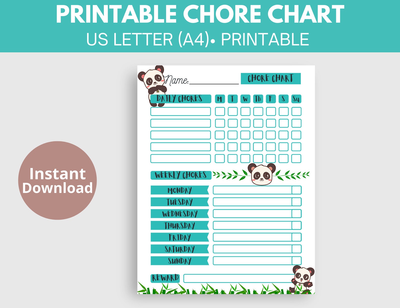 Cute Panda Printable Chore Chart Reward Chart Animal Merit - Etsy