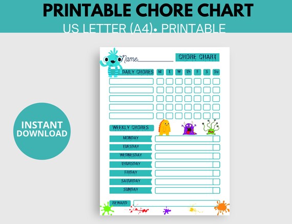 Monster Printable Chore Chart Reward Chart Cute Monster - Etsy