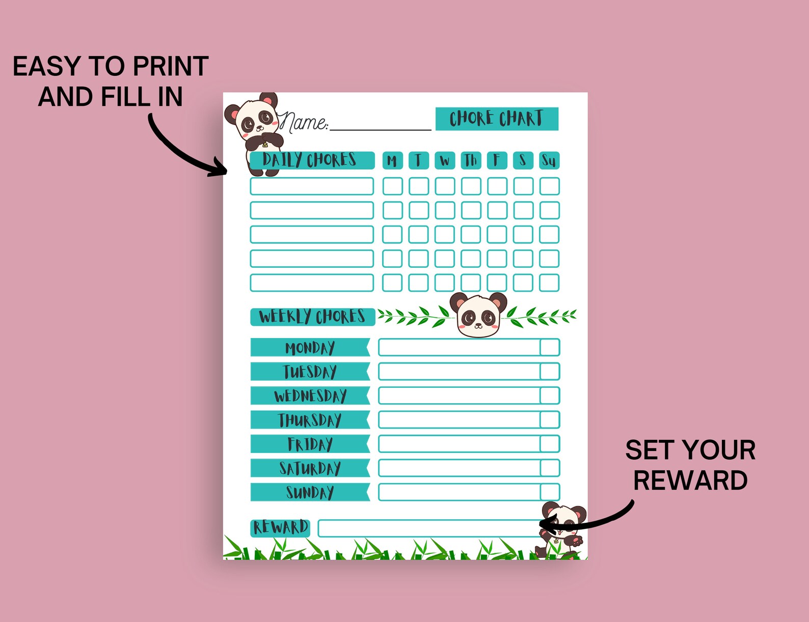 Cute Panda Printable Chore Chart Reward Chart Animal Merit - Etsy
