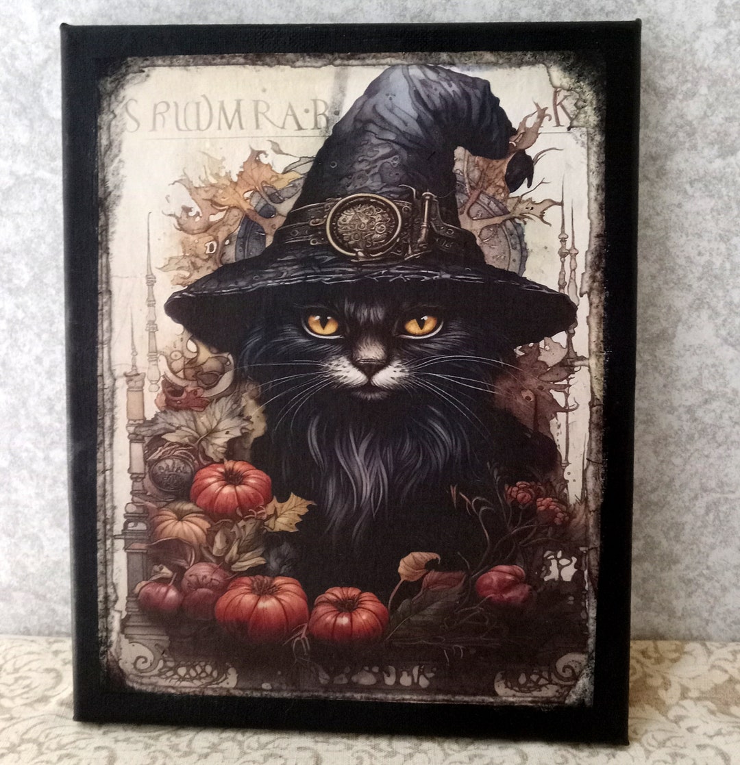 Black Cat in Witches Hat With Pumpkins, Witch Cat Wall Decor, Canvas ...