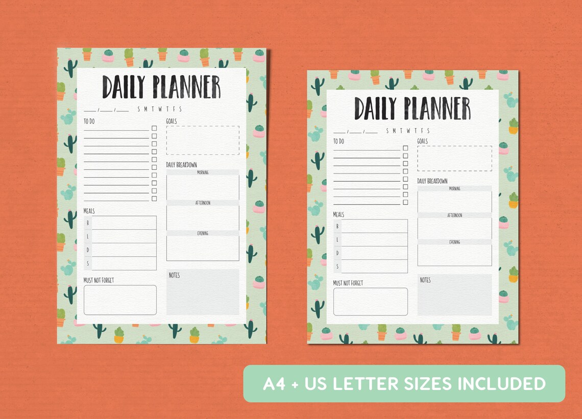 Daily Planner Cactus Print A4 and US Letter Size Pdfs | Etsy