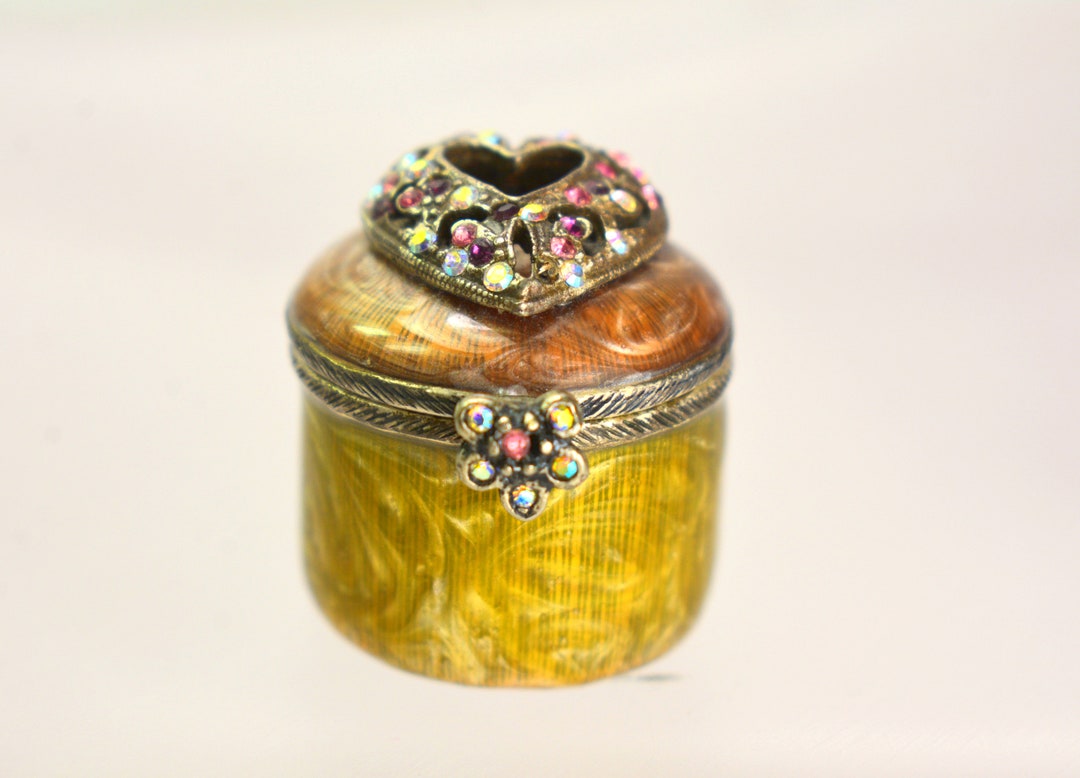 Vintage RJ Graziano Enamel Heart Trinket Box: Rhinestone Jeweled Pill ...