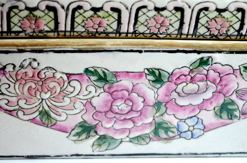 Vintage Oriental Chinese Painted Pink/ White Rectangular - Etsy