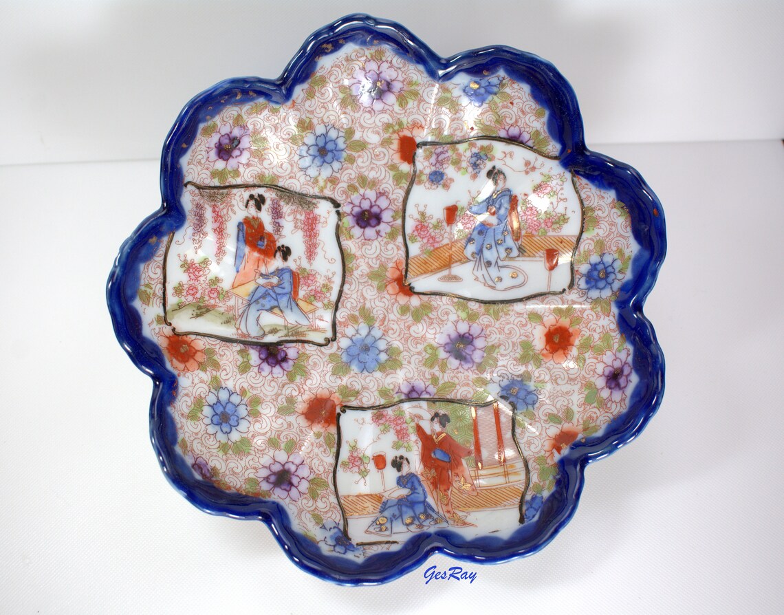 Japanese Kutani Satsuma Nut Bowl Plate Geisha Scalloped Edges - Etsy