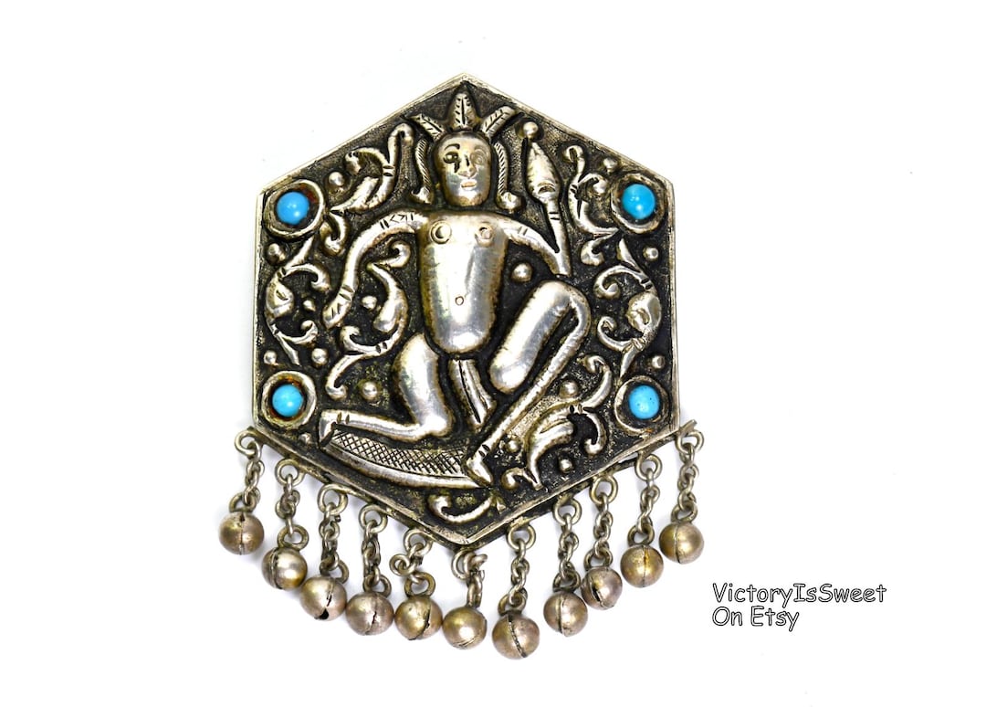 Old India Amulet Brooch Pin Pendant Tibetan Silver Dangling Bells ...