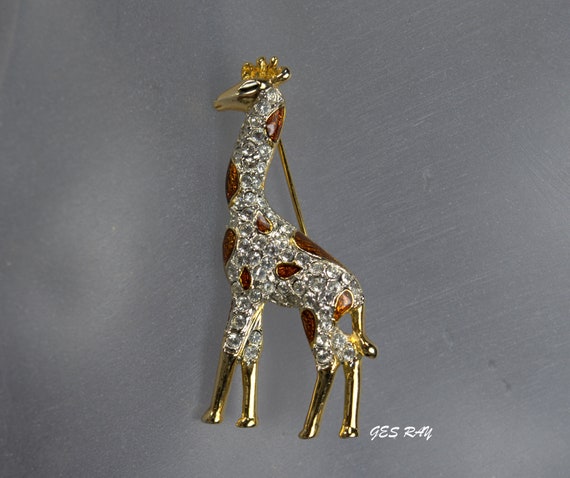 Gold Giraffe Brooch Pin Crystals Black Enamel - Gem