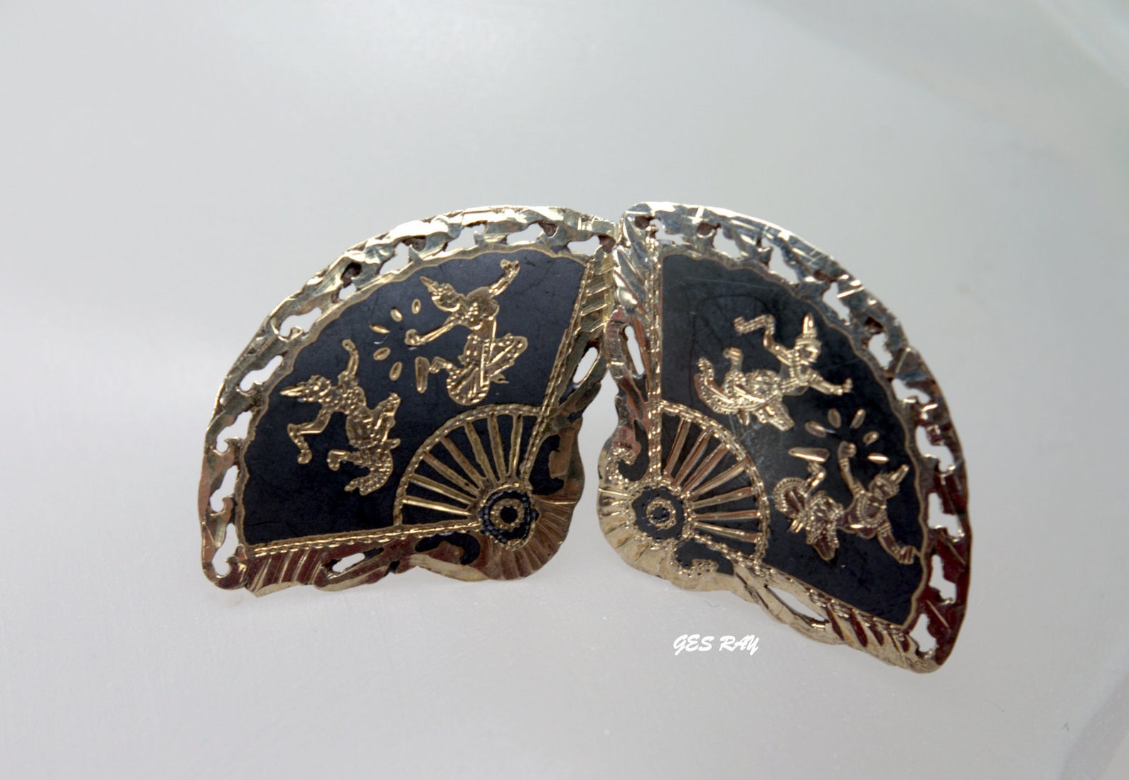SIAM Fan Dancers Niello Signed E Seng Chong Sterling Silver CUFFLINKS ...