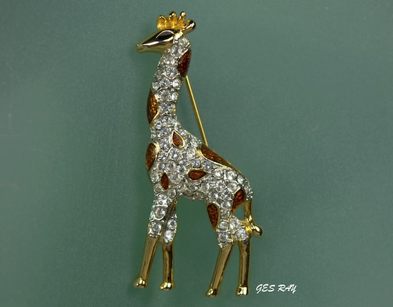 Gold Giraffe Brooch Pin Crystals Black Enamel - Gem