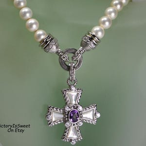 Judith Ripka Sterling Silver Cross Pendant Pearl Necklace: Amethyst ...