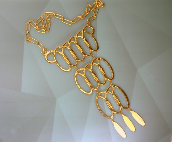 Vintage Modern Pendant Necklace Panel Gold Tone Hamme… - Gem