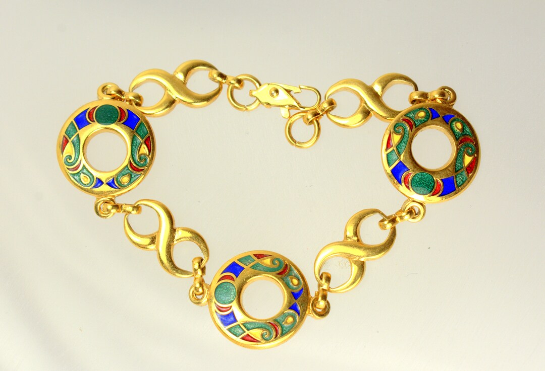 Retro Mid Century Modern Gold Cloisonne Enamel Link Bracelet Multicolor ...