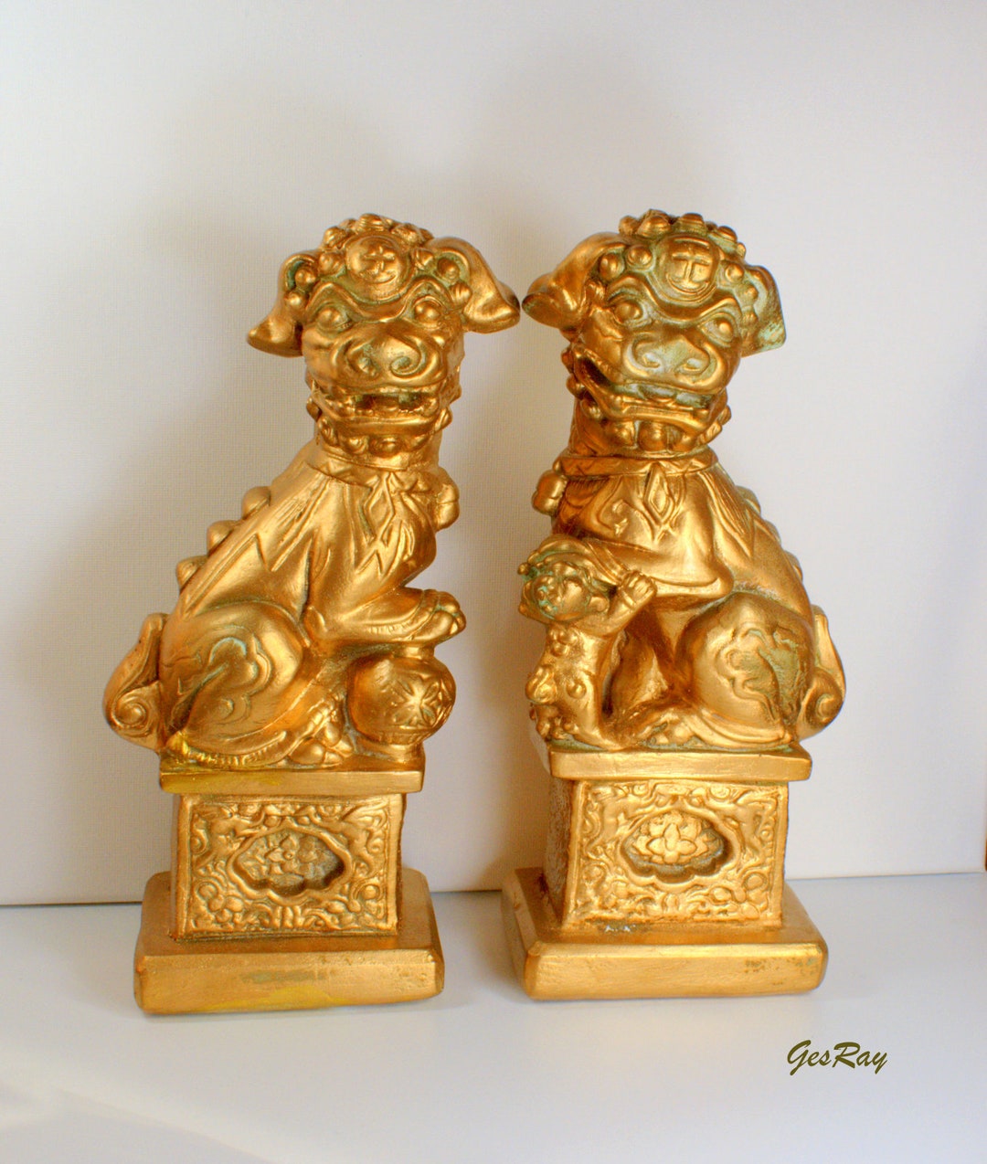 2 Gold Foo Dog Bookends, San Pacific Intl Chinese Imperial Guardian ...