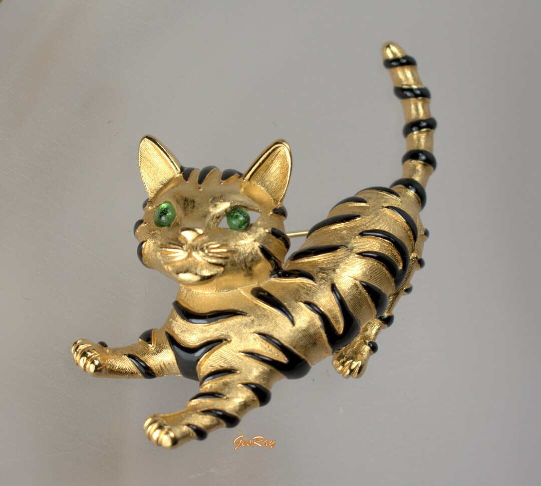 Vintage Trifari Tiger Cub Cat Brooch Gold Enamel Green Eyes Etsy