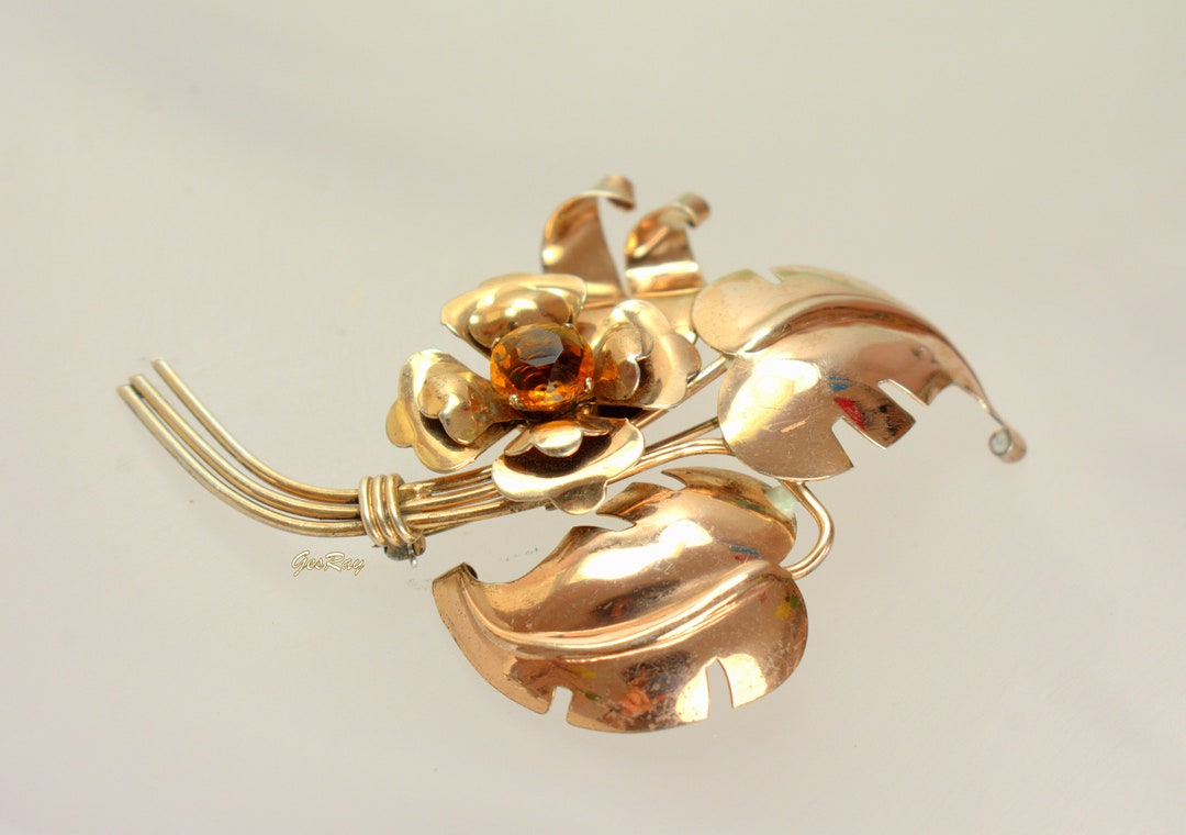 Harry Iskin 1930'S Vermeil Sterling Floral Brooch Pin Rhinestones Retro ...