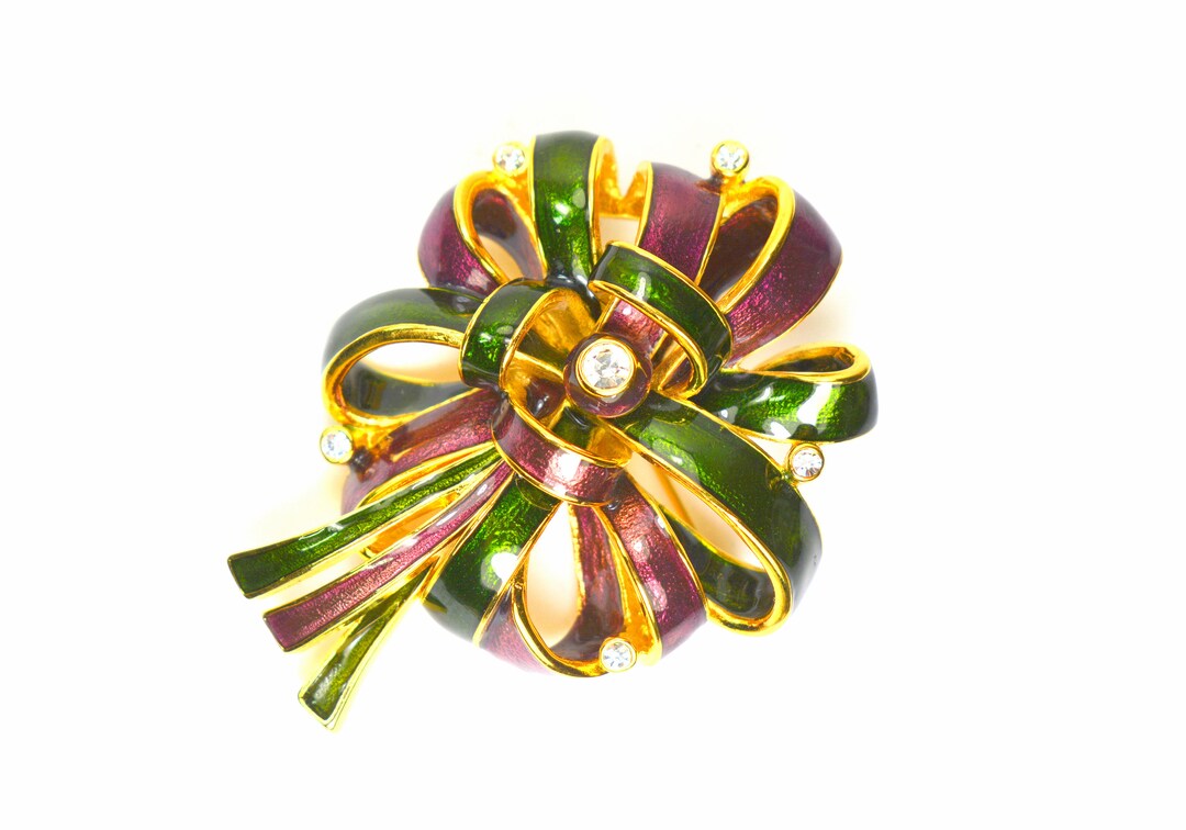 Joan Rivers Sculptural Ribbon Bow Brooch Pin Enamel, Clear Rhinestone ...