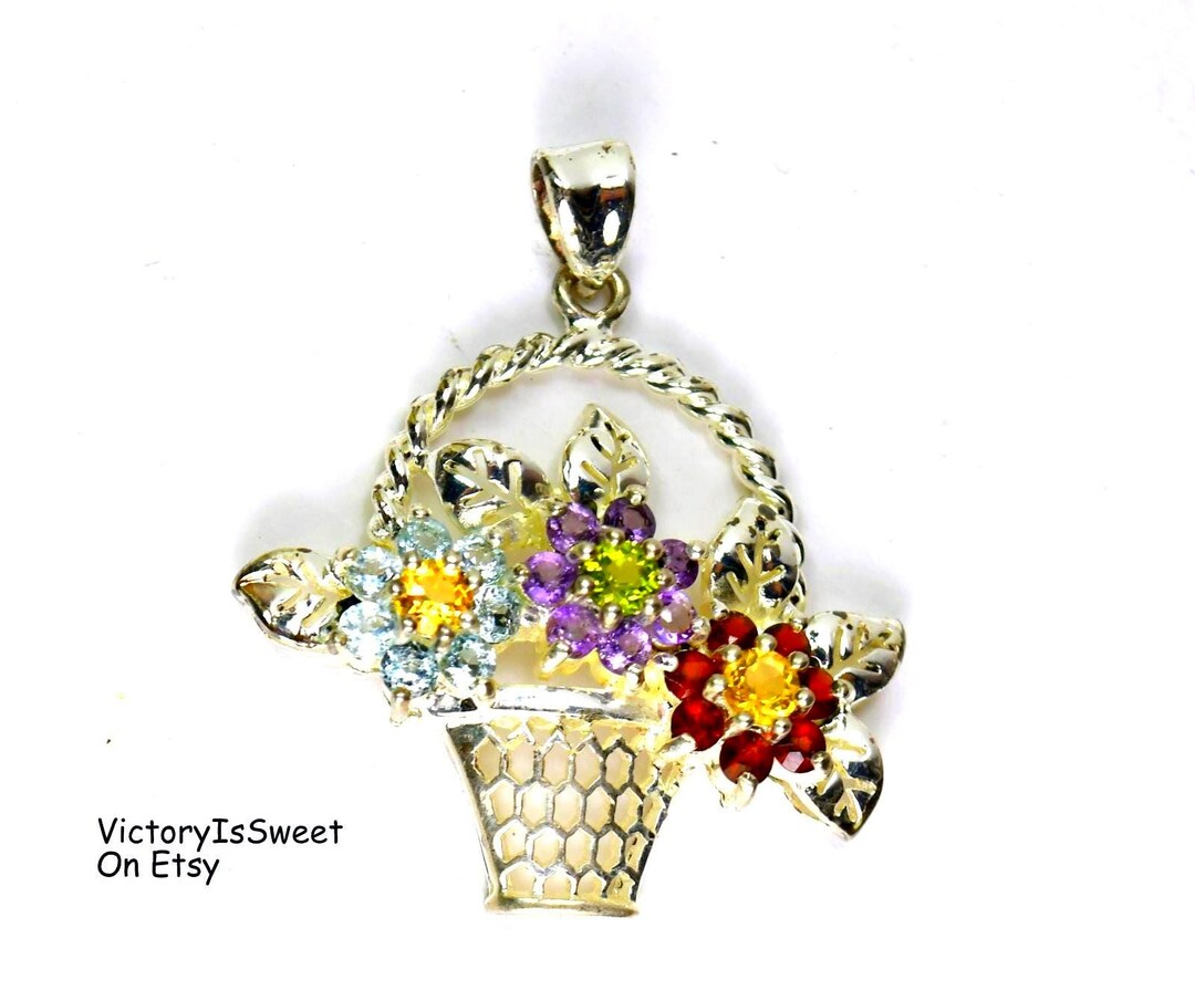 Sterling Silver Bushel Basket of Flowers Pin Brooch Multi Gemstones ...