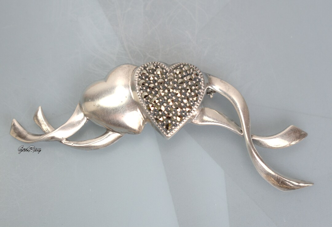 Judith Jack JJ Sterling Silver Two Hearts Brooch Pin Marcasite 925 ...